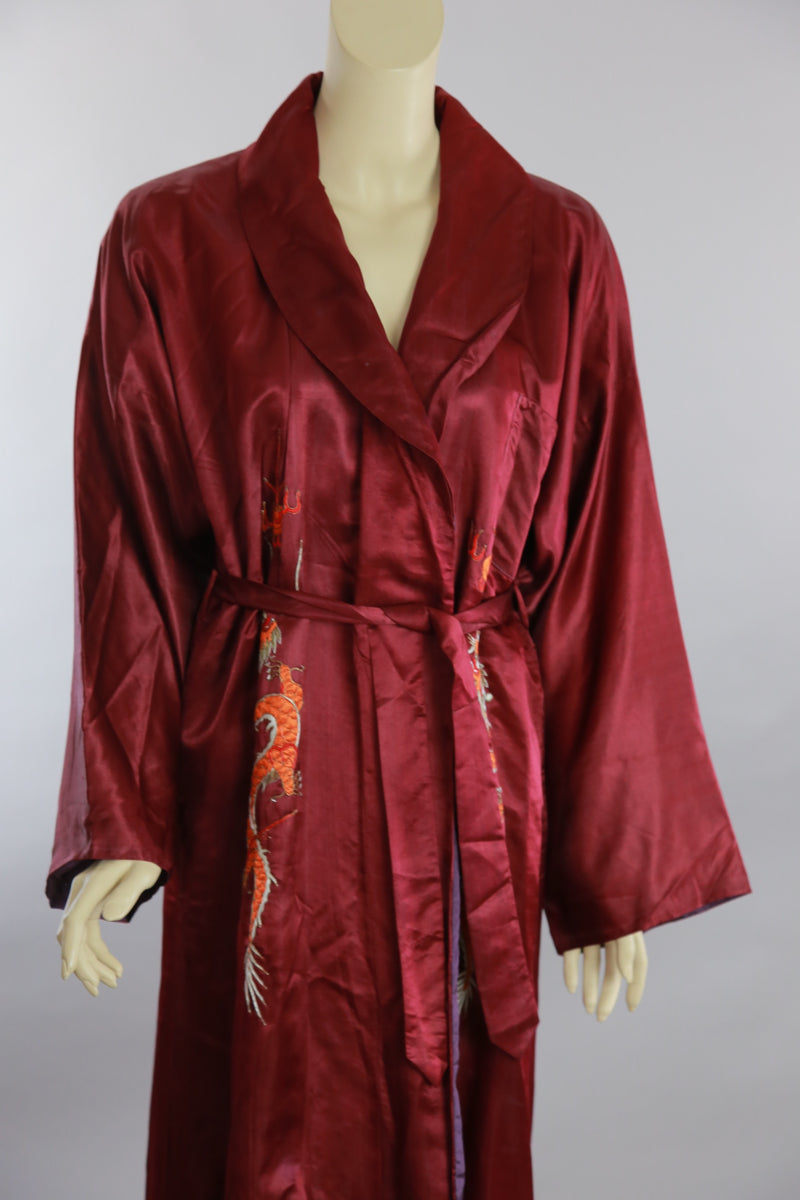 Vintage Asian silk kimono robe dragon embroidery dark red silk w gold ...