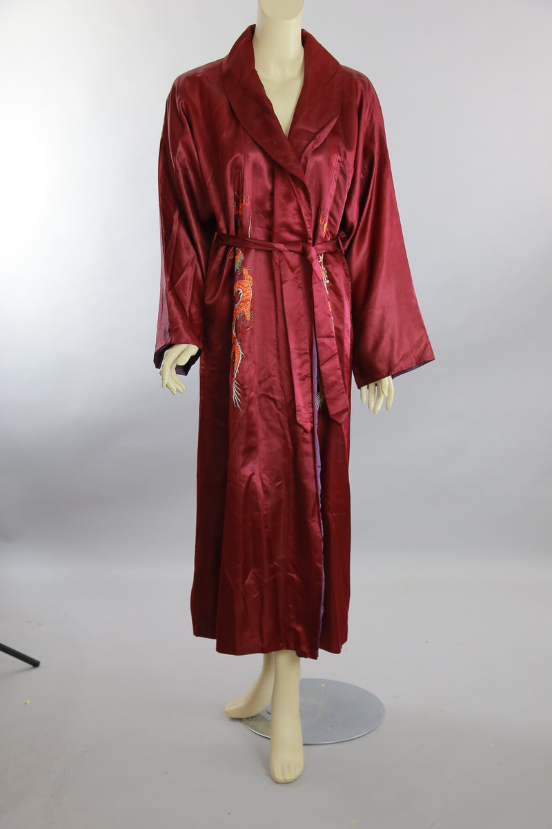Vintage Asian silk kimono robe dragon embroidery dark red silk w gold ...