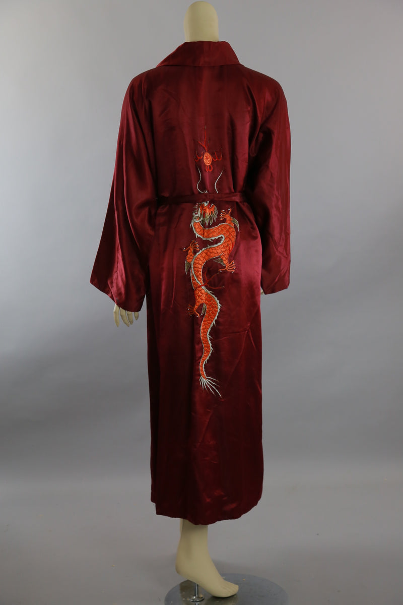 Vintage Asian silk kimono robe dragon embroidery dark red silk w gold ...